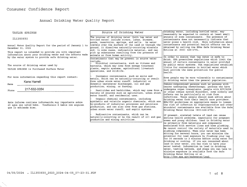 2024 Consumer Confidence Report – The Village of Taylor Springs
